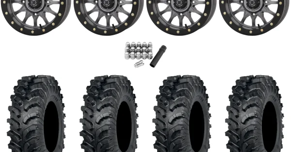 ITP MT911 27x10-14 (8ply) Tires on Frontline 223 Gunmetal Grey Beadlock ...