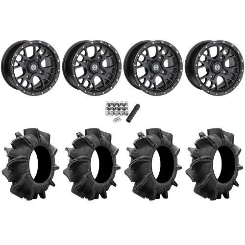 Assassinator Mud Tires 29.5x8-14 on Moose Offroad 545 X Satin Black Wheels