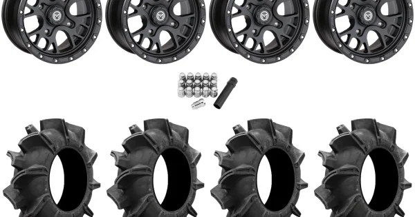 Assassinator Mud Tires 29.5x8-14 on Moose Offroad 545 X Satin Black Wheels